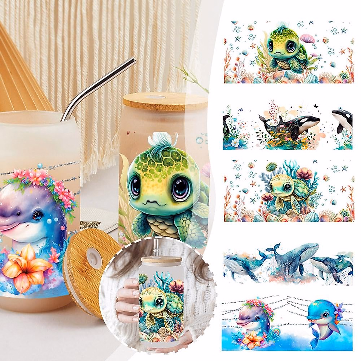 ZOHIKO Protect The Sea Iron On Transfer Patches, Marine Animals UV DTF Transfers Stickers, DIY Cup Wrap Turtle Dolphin Printed Rub on Transfers Stickers for Water Bottle Coffee Mug