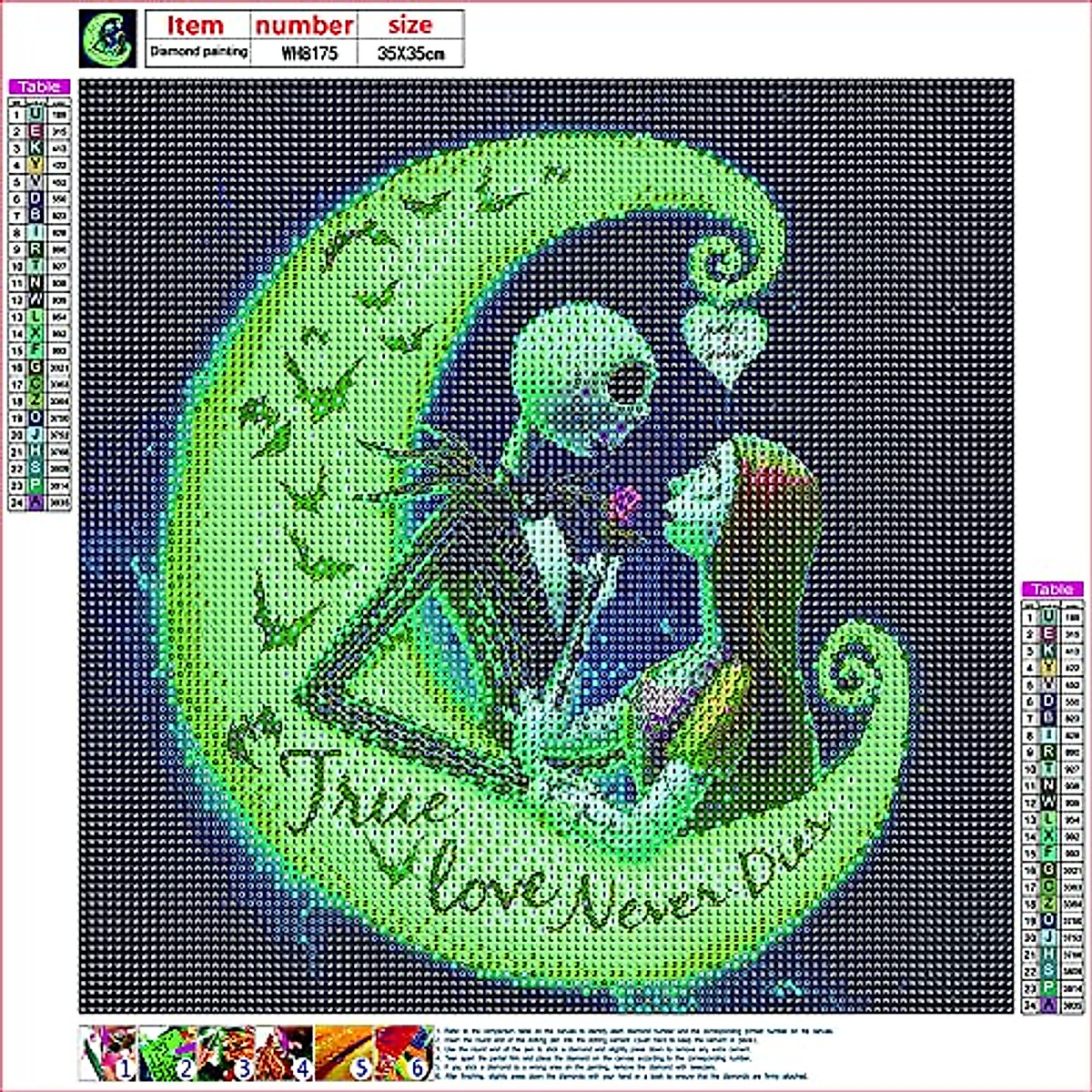 ViVijooy 5D DIY Full Drill Diamond Painting Kits, The Nightmare Before Christmas Halloween Jack and Sally with Moon, Cross Stitch Embroidery Dotz Kit Arts Craft Home Decor, 13.7 X 13.7 Inch