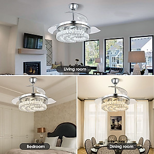 FRIXCHUR 42" Dimmable Fandelier Led Crystal Chandelier Ceiling Fans with Lights and Remote Moon Shape Retractable Chandelier Ceiling Fan for Bedroom Living Room Dining Room 30W*2