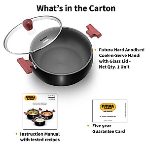 ‎Hawkins Futura 5 Litre Cook n Serve Handi, Hard Anodised Biryani Handi with Glass Lid, Saucepan, Sauce Pan, Black (ACH50G)