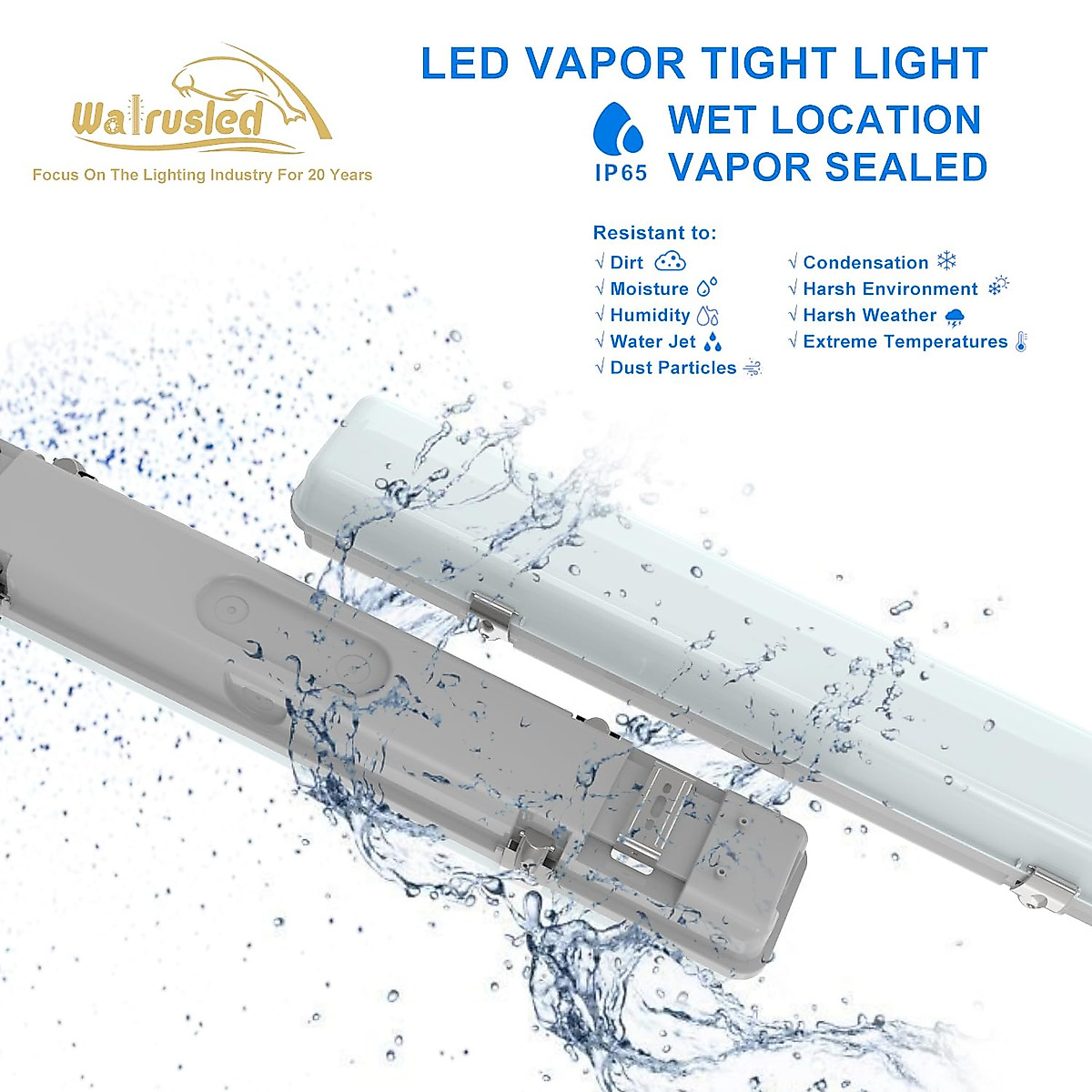 2FT LED Vapor Tight Light, IP65 IK08, 10W(1250lm)/20W(2500lm) Selectable, 5000K, 100-277V, Outdoor Waterproof Shop Light, Vapor Proof Lighting Fixture for Carport Parking Garage Car Wash, FCC Listed