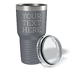 Personalized 30oz (17 Colors) Powder Coated Insulated Stainless Steel Tumbler with Lid, Custom Etched, Customized Text Message Name, Engraved Gift Idea Women Men Him Her, Your Text Here (Gray)
