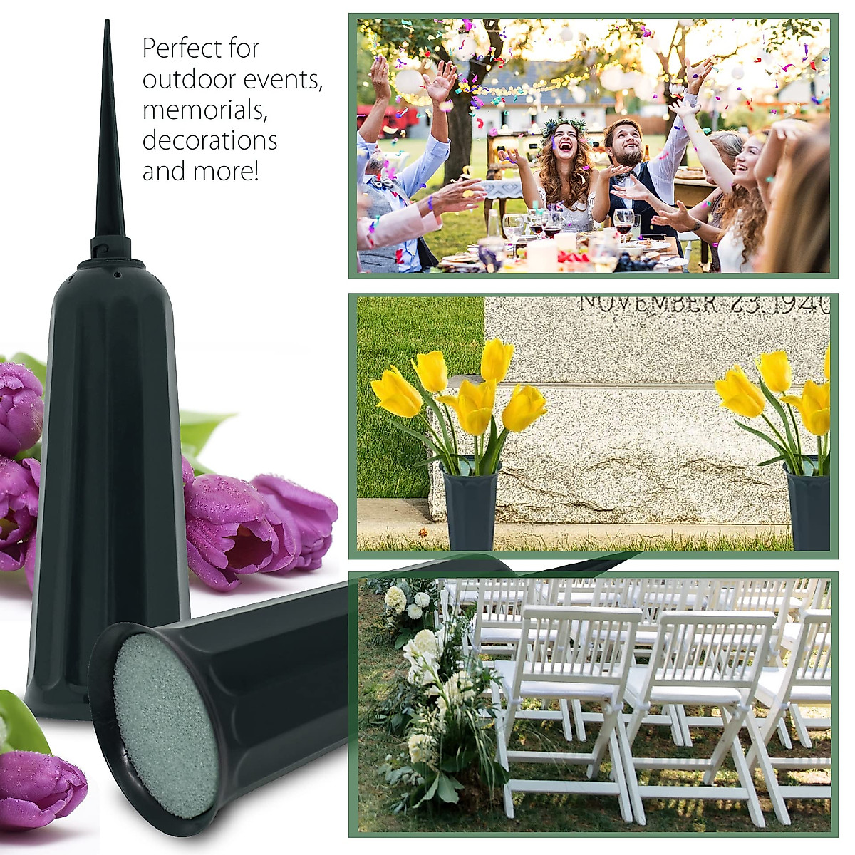 Essentially Yours Memorial Floral Vases with Foam Included - (Green, 6 Pack) | Outdoor In Ground Vases with Stakes, for Fresh and Artificial Flowers