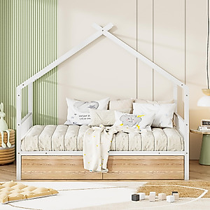 THINK 30 Metal House Bed, House Bed with Two Drawers, Full Size, White