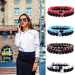 HYHONEY 4 Set Matching Bracelets Couples Bracelets Friendship Bracelets Beaded Bracelets His And Hers 8mm Natural Stone Matching Bracelets For Couples Elastic Stretch Bracelets For Women Men