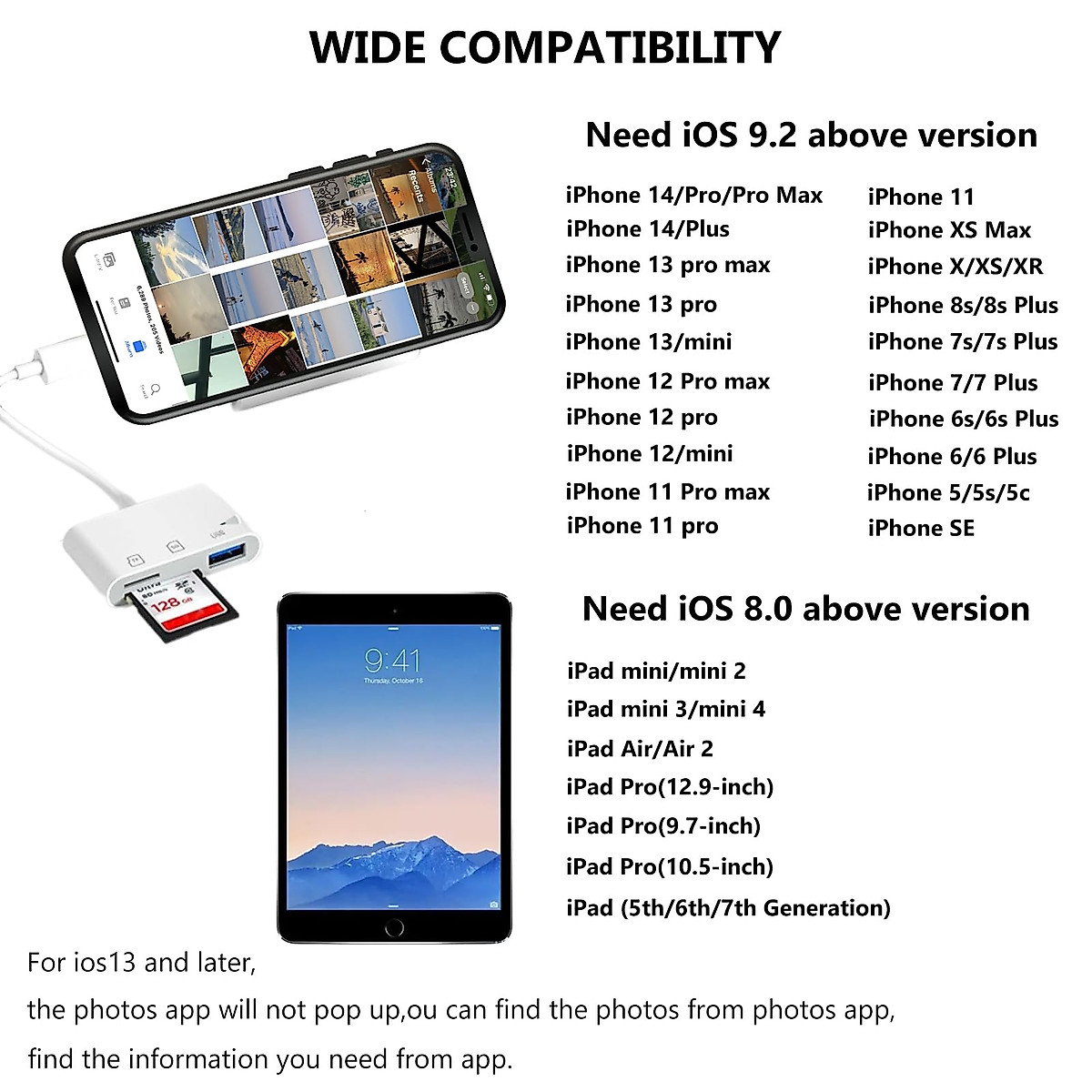 SD Card Reader for iPhone Lightning to 3 in 1 USB Camera Adapter OTG Micro SD TF Memory Card Reader for iPad