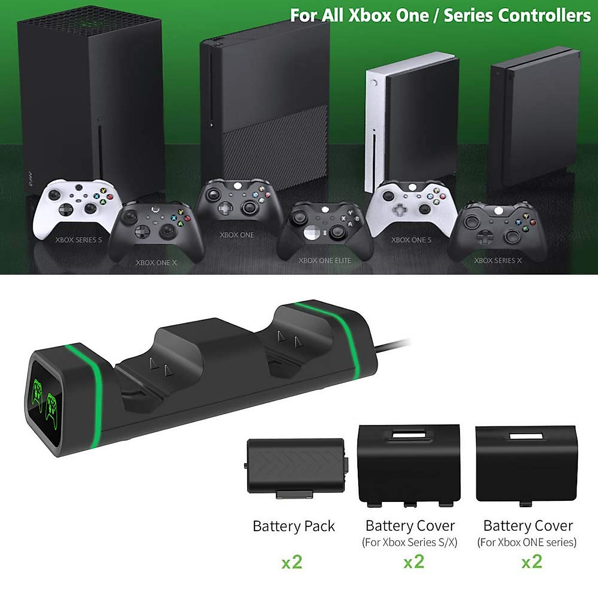 Jackky Controller Charger for Xbox One, Xbox Series & One SX, Dual Controller, Including 4 Covers Fits One& Series Controller