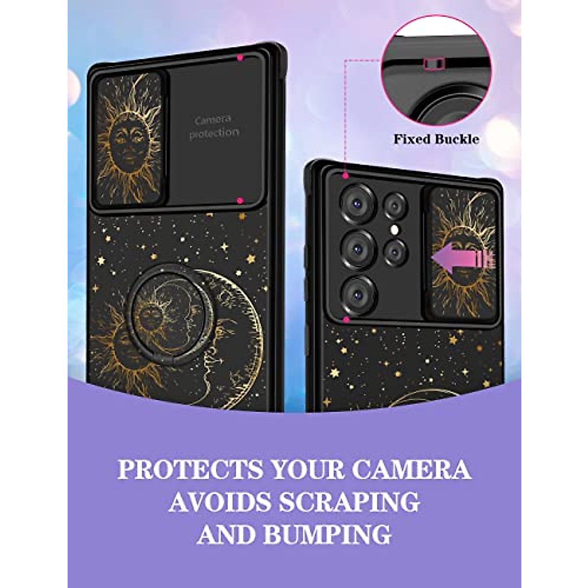 Goocrux (2in1 for Samsung Galaxy S22 Ultra Case Sun Moon Stars for Women Girls Cute Phone Cover Fashion Golden Star Print Pattern Design with Slide Camera Cover+Ring Holder Cases for S22 Ultra 6.8''