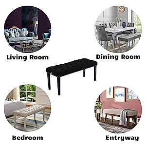 HEAH-YO Modern Velvet Tufted Bench, 18" Seat Height Upholstered Ottoman Dining Bench with Pull Rings, Nailhead Trim Footstool for Entryway Bedroom Kitchen Dining Table, Black