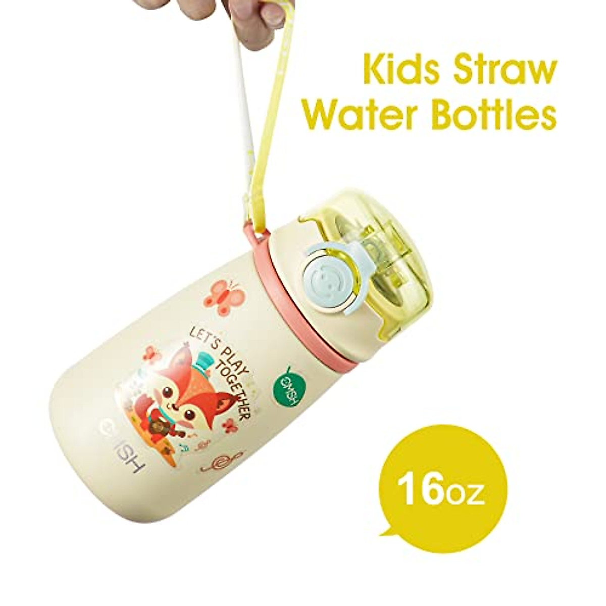 TKK Kids Insulated Water Bottle 16 oz Double Wall Vacuum Stainless Steel Thermos with Leak Proof Straw Lid & Strap Handle & Sticker (Yellow)