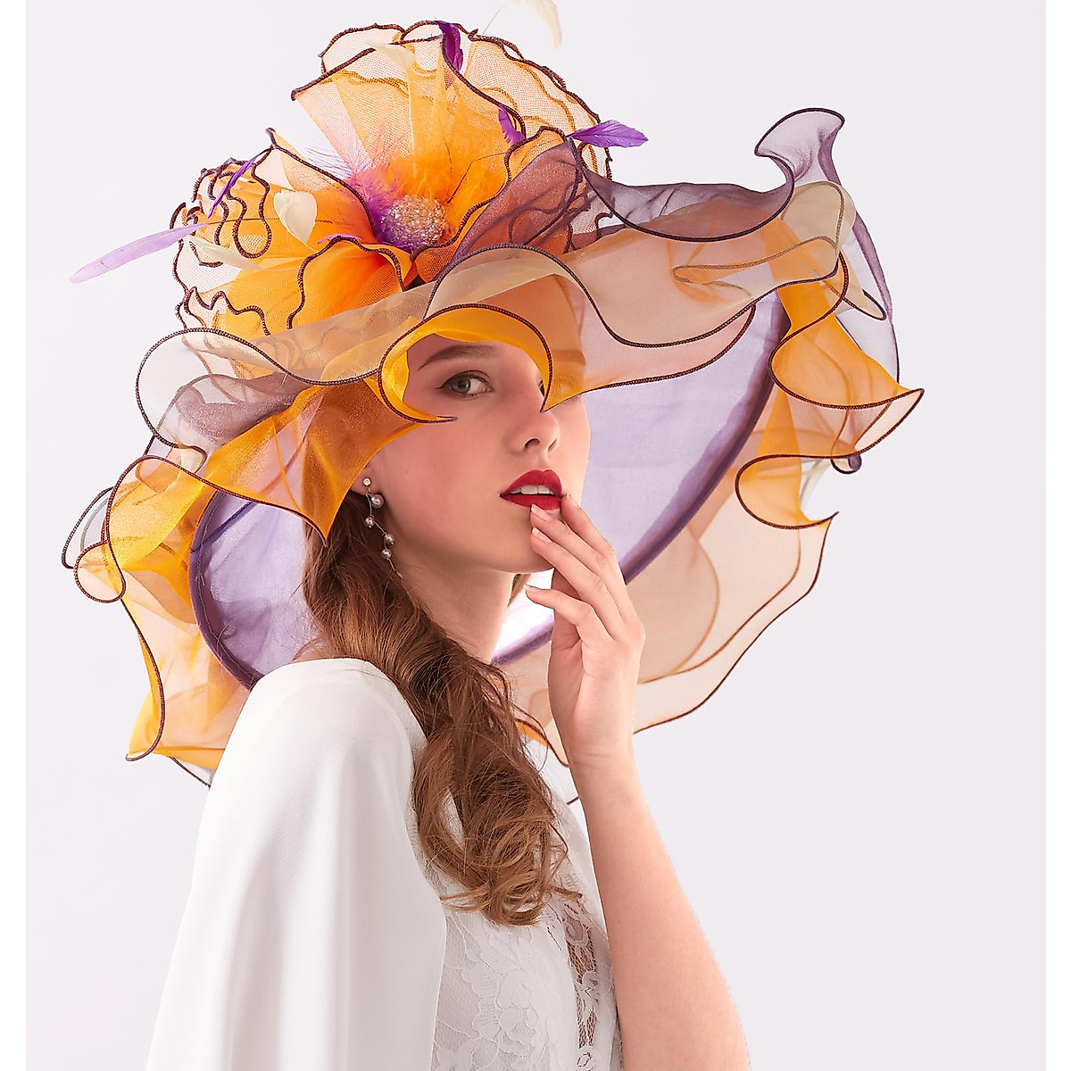 ORIDOOR Women Organza Fascinator Church Kentucky Derby Hat Floral Tea Party Wedding Hat, 003a Orange, One Size