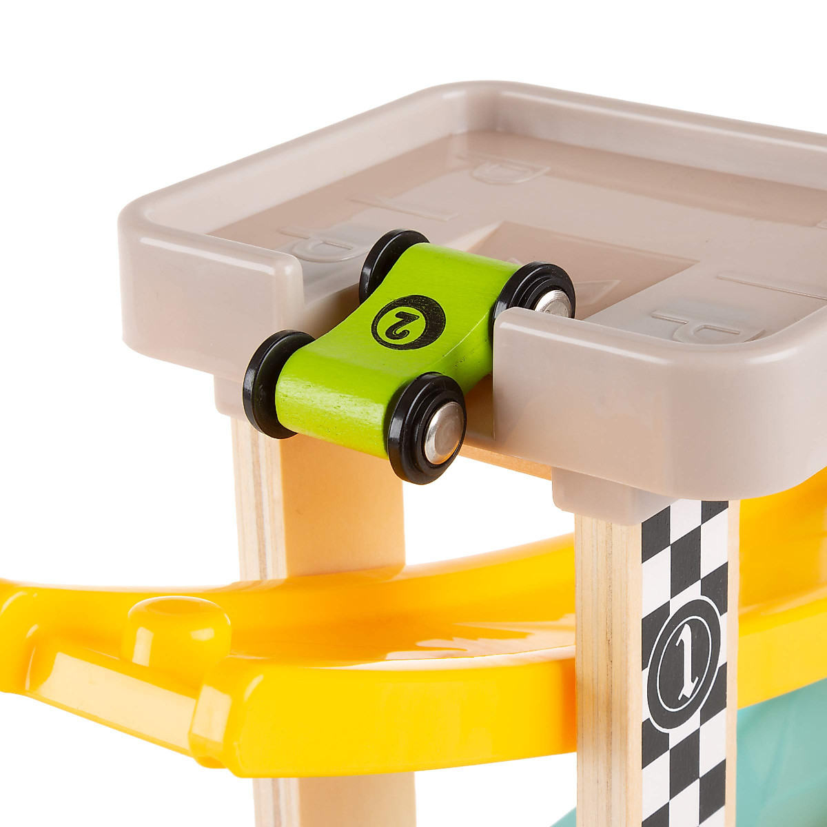 Hey! Play! Toy Race Track and Racecar Set- Wooden Car Racer with 4 Colorful Cars with Moving Wheels, Ramps- Fun Cars Set for Boys and Girls , Brown