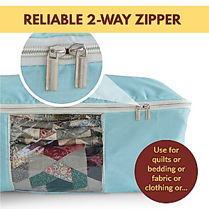 Madam Sew Quilt Blanket Storage Bag| Storage Bag|Comforter Storage Bag for Clothes, Quilts, Bedding|Linen Storage Bag with See-Through Front Panel, Strong Handles & 2-Way Zipper - Turquoise 22"x15"x8"