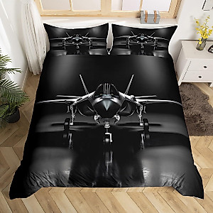 Erosebridal 3D Fighter Aircraft Comforter Set Boys Bedroom Decorative Kids Duvet Cover Black Airplane Printed Bedding Set Soft Microfiber Quilt Cover for Home Hotel Dorm (Full Size)