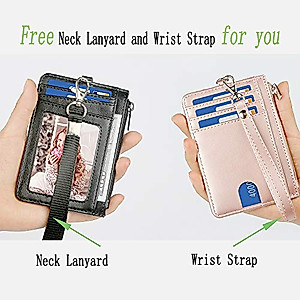 Teskyer Slim Wallet, Credit Card Holder Wallet with Zip Pocket & Neck Lanyard, Minimalist Front Pocket RFID Blocking Leather Wallet for Men & Women