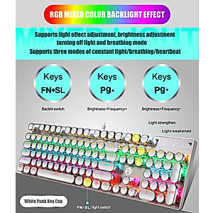 YSCP Typewriter Style Mechanical Gaming Keyboard LED Backlit Wired with Blue Switch Retro Round Keycap 104 Keys Keyboard (White 104 Keys LED)