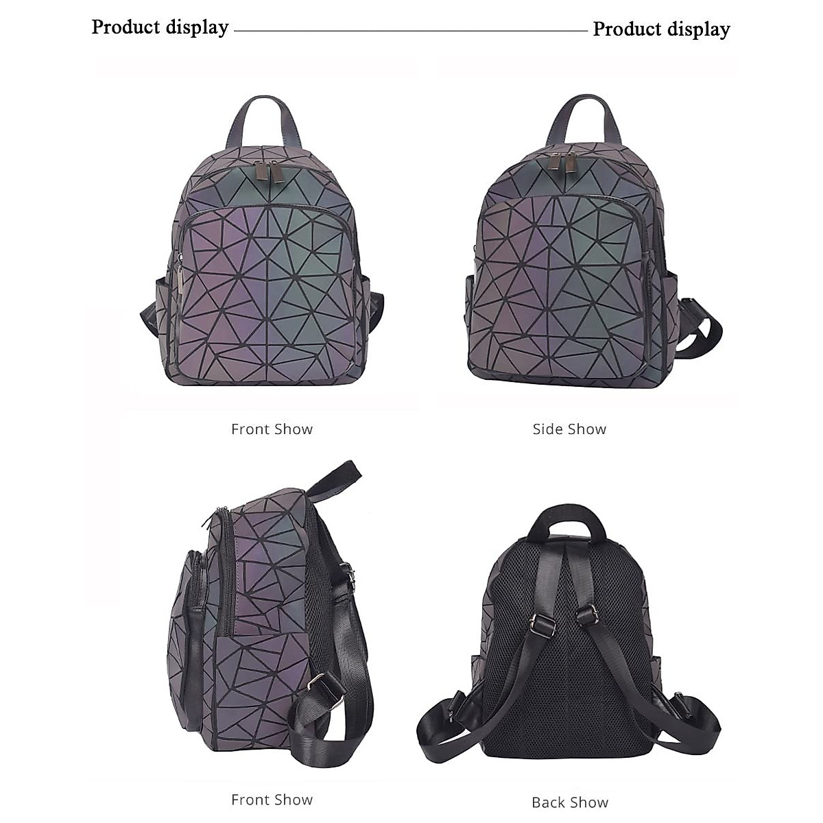 Geometric Luminous Ladies Backpack Wallet Holographic Reflective Backpack Diamond Travel Backpack (Silver)