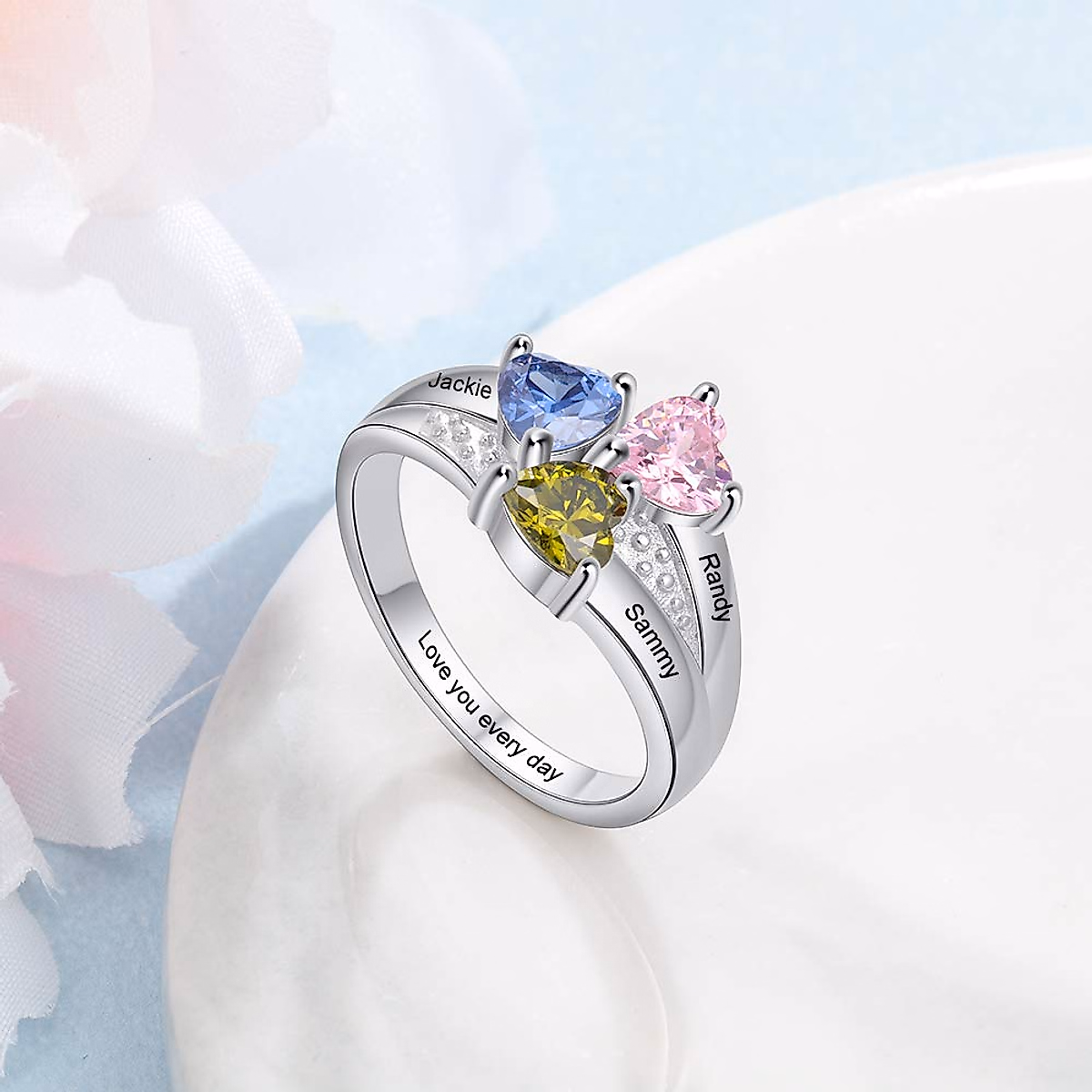 JewelOra Personalized Family Mothers Rings with 3 Simulated Birthstones Customized Name Rings for Women Engraved Family Name Promise Gift for Mommy(8)