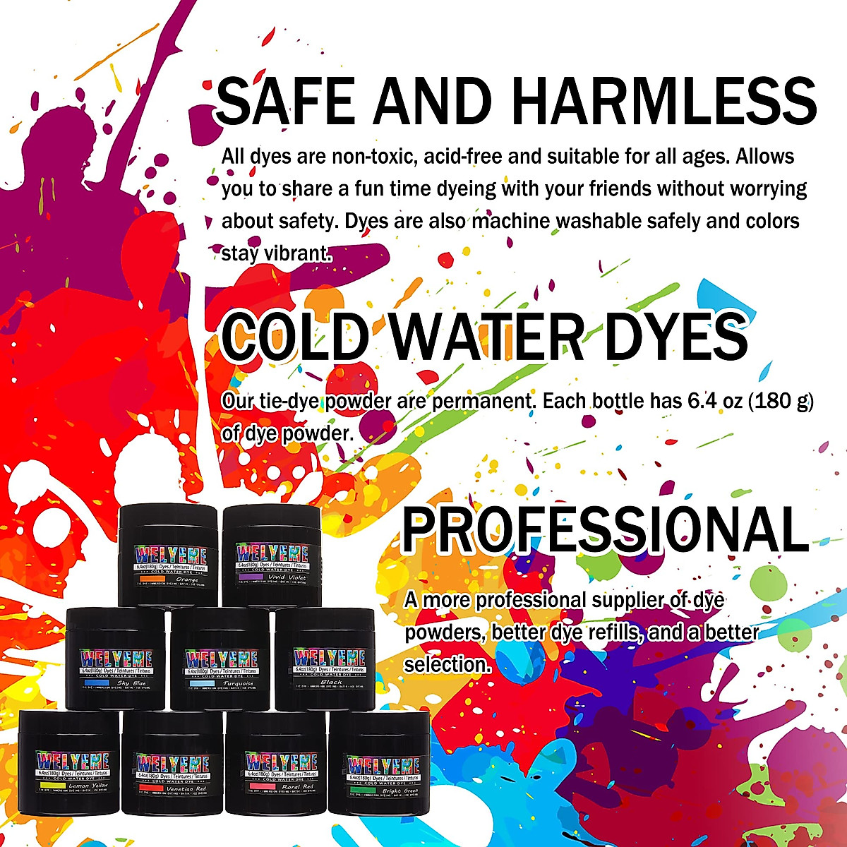WELYEME Cold Water Dye, Tie Dye Powder, Fabric Dye Powder for Clothes (Black)