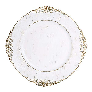 Tableclothsfactory 6 Pack White 13" Round Baroque Charger Plates Leaf Embossed Antique Gold Rim for Tabletop Decor Catering Event