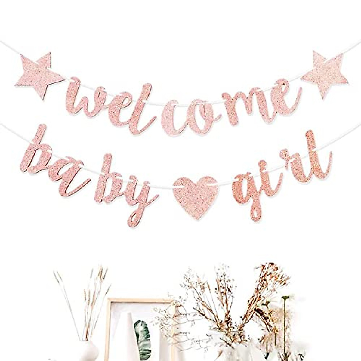 KUNGOON Welcome Baby Girl Party Banner,Rose Gold Glitter Paper Sign for Baby Shower,Baby Girl Party Decoration Gifts.