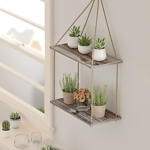 J JACKCUBE DESIGN Hanging Shelves Wall Plant Shelf Floating Shelves with Rope for Bedroom Bathroom Living Room Farmhouse Boho Room Decor, Triangle Rope Rustic Wood Display Shelf(Set of 2) - MK555AA