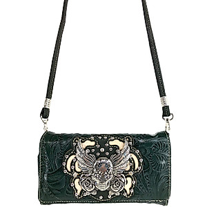 Zelris Sugar Skull Roses Angel Wing Women Crossbody Wrist Handle Trifold Wallet (Olive)