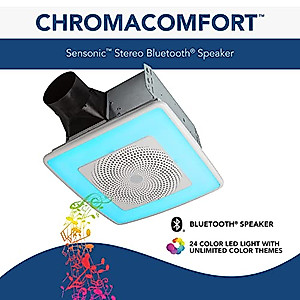 Broan-NuTone SPK110RGBL ChromaComfort Bathroom Exhaust Fan with Sensonic Bluetooth Speaker and LED Light, White