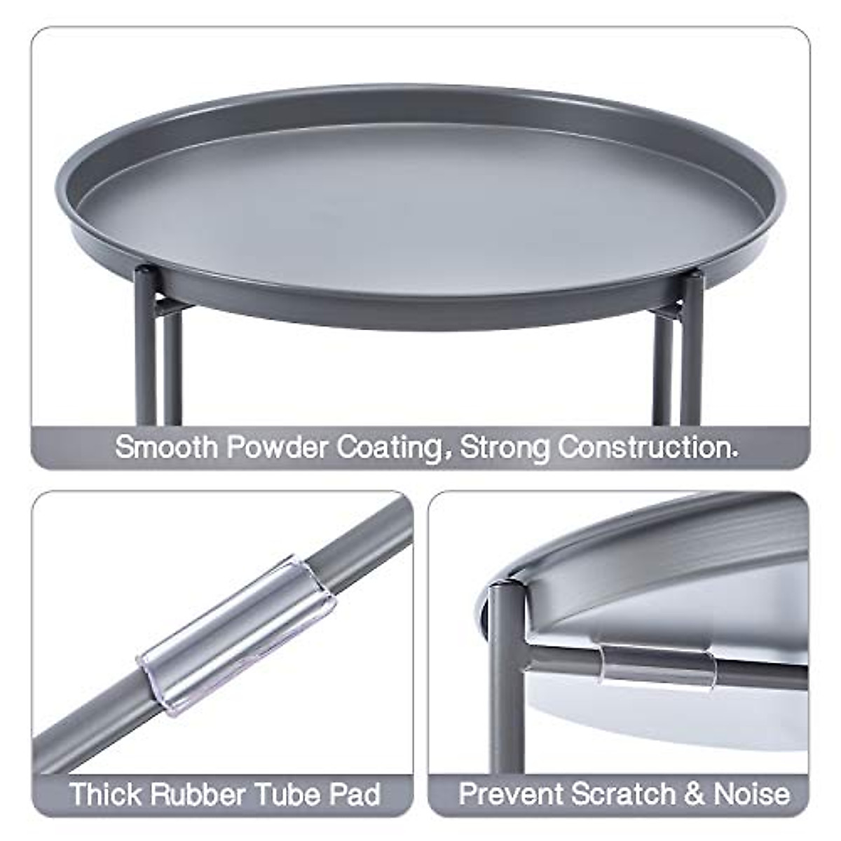 TOOLF End Table, Metal Nightstand, Coffee Round Table, Sofa Side Snack Table with Detachable Tray Top and Fabric Storage Basket, Scandi Style Table for Living Room Bedroom (Dark Grey)