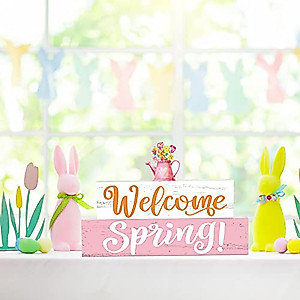 Marsui 4 Pcs Easter and Spring Decorations Reversible Happy Easter Bunny Wood Sign Watering Can Spring Home Decor Easter Wooden Block Table Decorations for Home Easter Tiered Tray Kitchen Decor