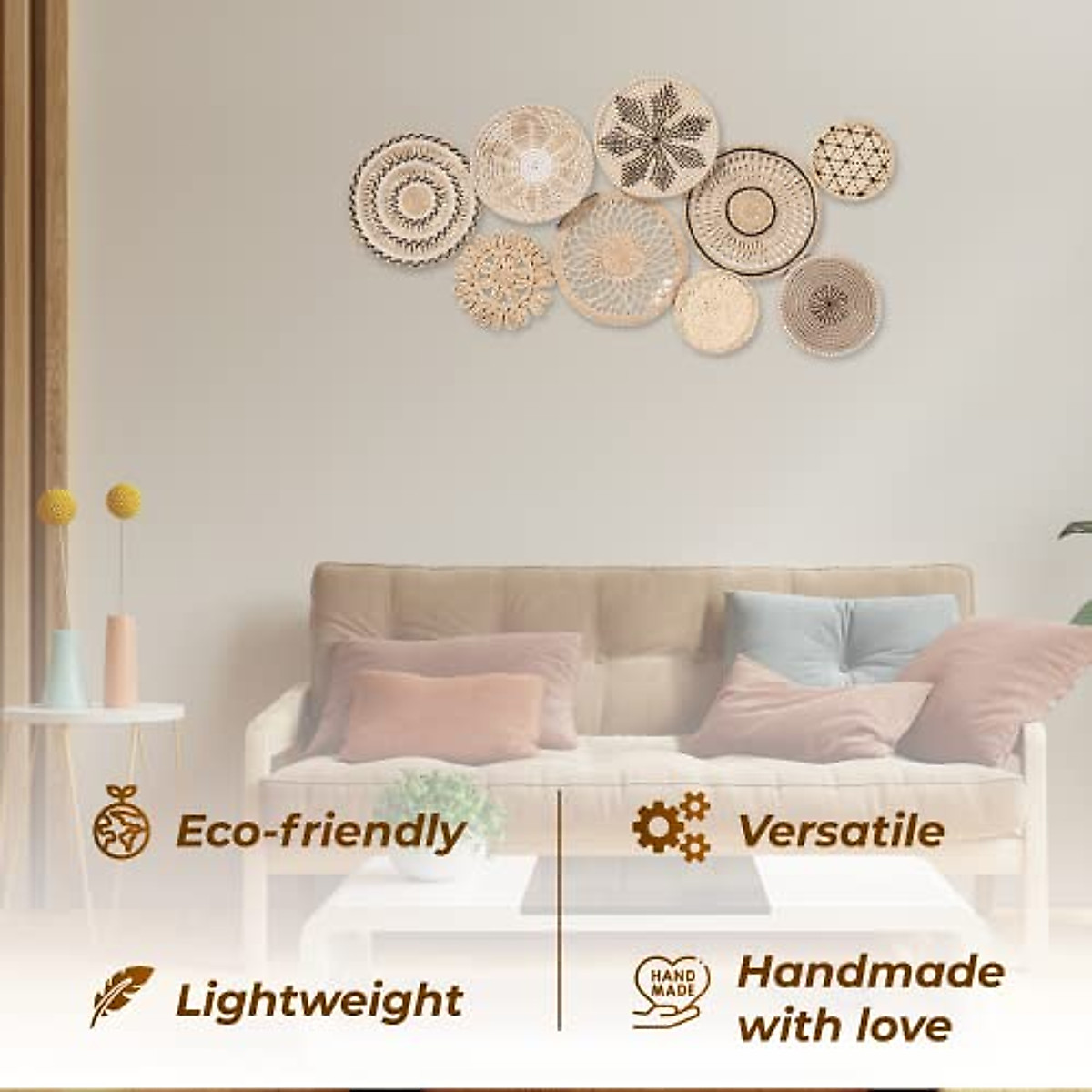 Decocoon Boho Wall Decor Set of 9, Boho Wall Basket Decor, African Wall Baskets, Woven Basket Wall Decor Set, Canastas Para Decoracion (Rustic Garden Wall Decor)