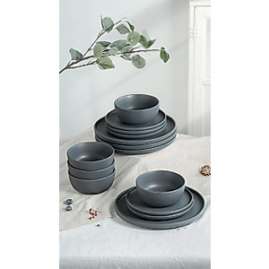 Famiware Dawn Plates and Bowls Sets, 12 Pieces Stoneware Dinnerware Sets, Dishes Set for 4, Microwave and Dishwasher Safe, Charcoal