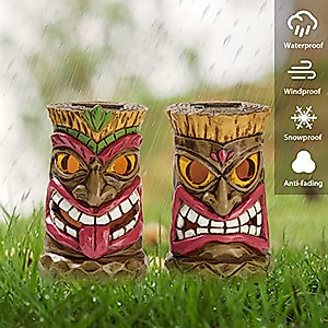 TERESA'S COLLECTIONS Set of 2 Tribal Tiki Head Decor Garden Sculptures & Statues with Solar Lights, Hawaiian Tropical Tiki Torch Totem Figurine, Outdoor Bar Patio Yard Lawn Party Beach Decorations