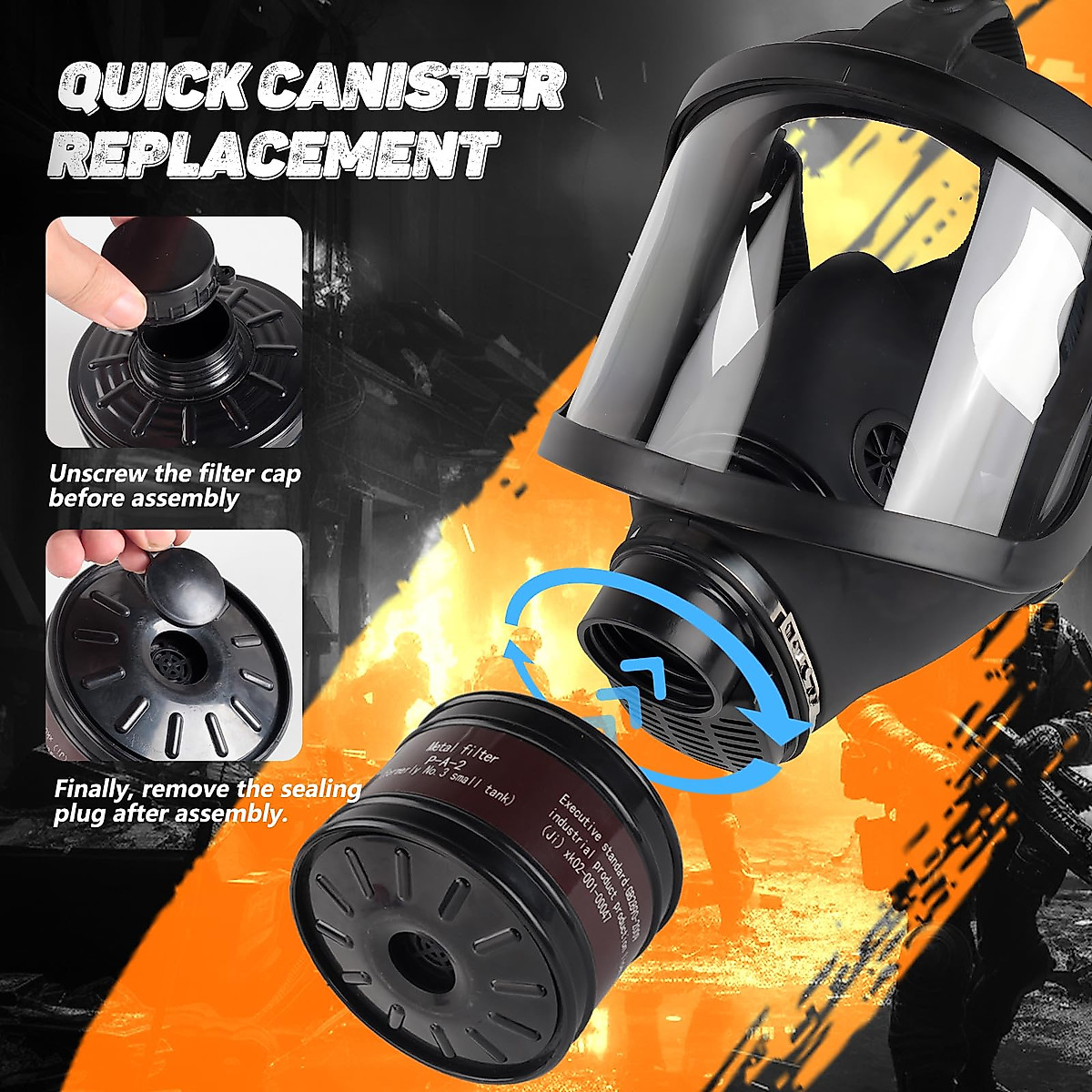 Gas Masks Survival Nuclear and Chemical: Full Face Respirator Mask with Filters 40mm Activated Carbon Charcoal Filter Canister Military Grade for Dust Painting Chemical Mechanical Polishing Welding