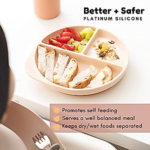 RAiN.B. MellowMate Pure Platinum Silicone Suction Plate for Baby & Toddlers｜Divided Baby Dish with 3 Compartments｜BPA-Free Non-Slip Baby Eating Supplies｜Microwave & Dishwasher Safe – Waffle Caramel