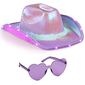 Funcredible Purple Light Up Cowboy Hat and Glasses - Led Cowgirl Hat for Girls - Neon Cowboy Hat - Taylor Costume - Cowgirl Costume Accessories for Women