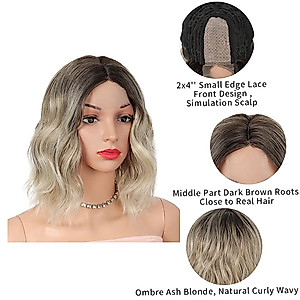 Kalyss 12" Synthetic Edge Lace Front Wigs for Women Short Wavy Bob Wig Middle Part Ombre Ash Blonde Wig for Daily Wear(12”, Ombre Ash Blonde)