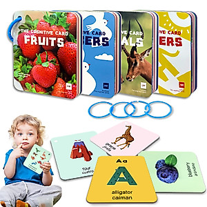 Richgv Flash Cards for Toddlers 1-2-3-4 Years Old, Bilingual 4 Sets Flash Cards for Baby 6 12 18 Months, Alphabet Numbers Fruits Animals, Learning & Education Toys Gifts Kindergarten Preschool
