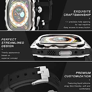 Luxury Metal Case for Apple Watch Ultra 1/2 49mm Band with Cover Heavy Duty Rugged Case Silicon Strap for men Full Protective Cover (Silver Knight)