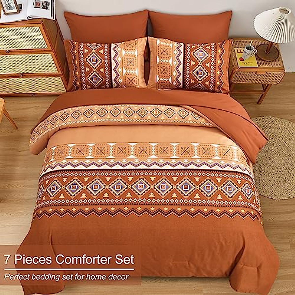 Dobuyly Burnt Orange Comforter Set King, 7 Pieces Bed in a Bag Terracotta Boho Aztec Comforter Soft Microfiber Bedding Set with Comforter, Flat Sheet, Fitted Sheet, 2 Pillow Shams, 2 Pillowcases