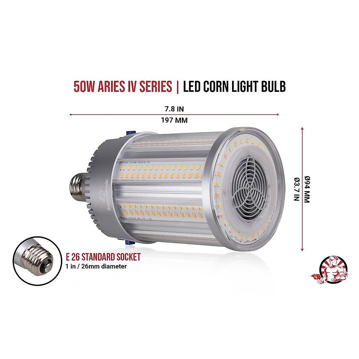 RuggedGrade 50W - Aries IV CS Series LED Corn Bulb - 7,250 Lumens - E26 Base - Color Selectable 30K/40K/50K