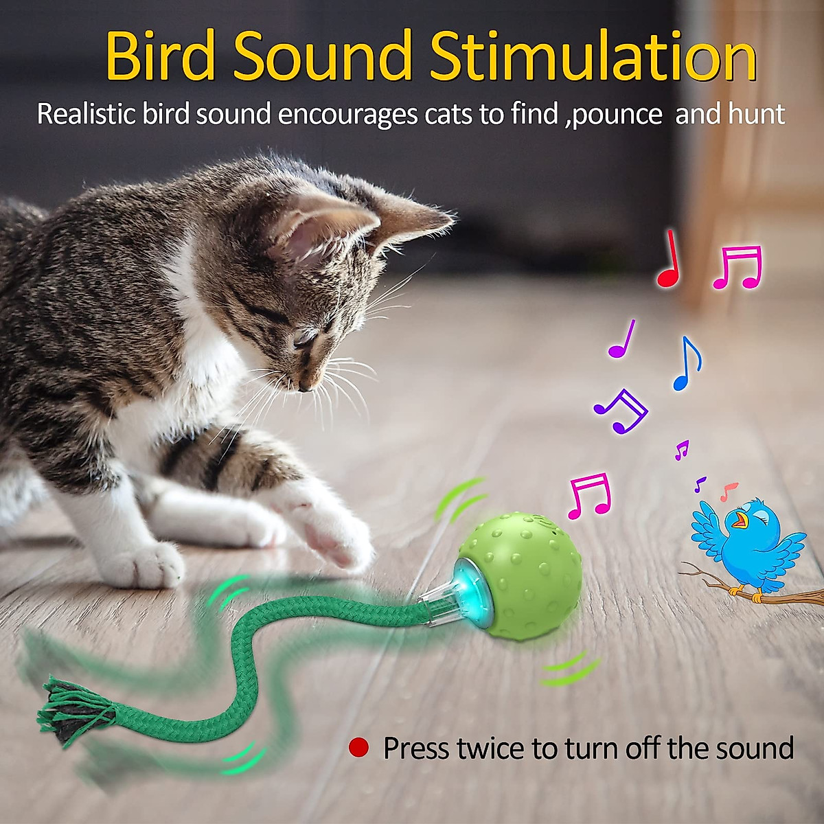 Interactive Cat Toys for Bored Indoor Adult Cats, Automatic Fast Move On Carpet, Bird Chirping & Motion Activated Cat Ball