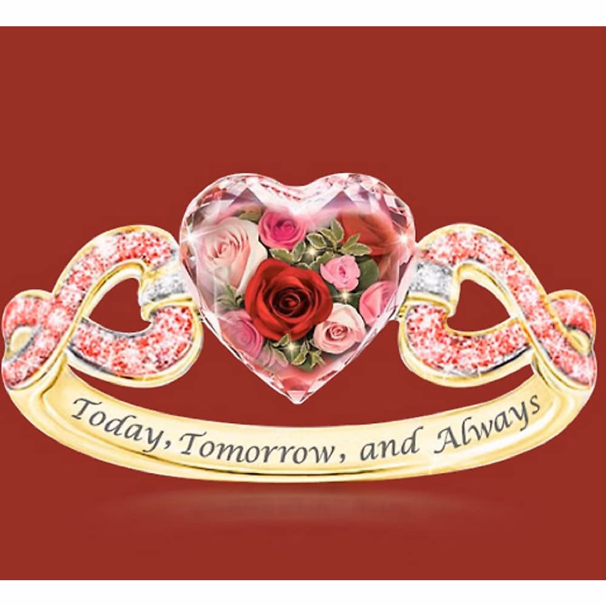 Awmnjtmgpw 18K Rose Gold Pink Gem Diamond Set Cubic Zircon Diamond Ring Rose Heart-Shaped Wreath Engagement Ring Valentine's Day Gift Women's Precious Jewelry Size 6-10 (Size 9)