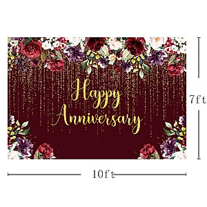 MEHOFOND 10x7ft Happy Anniversary Backdrop Gold Glitter Burgundy Wedding Anniversary Photography Background Couple Wedding Women Birthday Floral Party Decoration Cake Smash Decor Studio Photo Backdrop