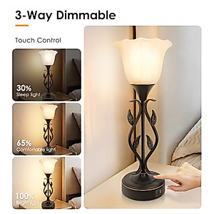 Touch Table Lamps for Bedroom, Bedside Lamps with USB Ports, 3-Way Dimmable Decorative Nightstand Lamp Rustic Leaf Torchiere Glass Flower Lamp for Living Room Dresser (Bulbs Included)