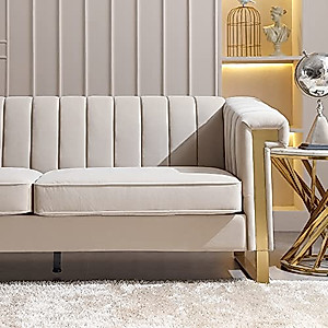 SLEERWAY Beige Velvet Couch Sofa, 84 Wide Mid-Century Modern Love Seat Tufted Chesterfield Velvet Sofa Loveseat Futon with Curved Arm Gold Leg, 3 Seat Large Comfy Couches Sofas for Livingroom (Beige)