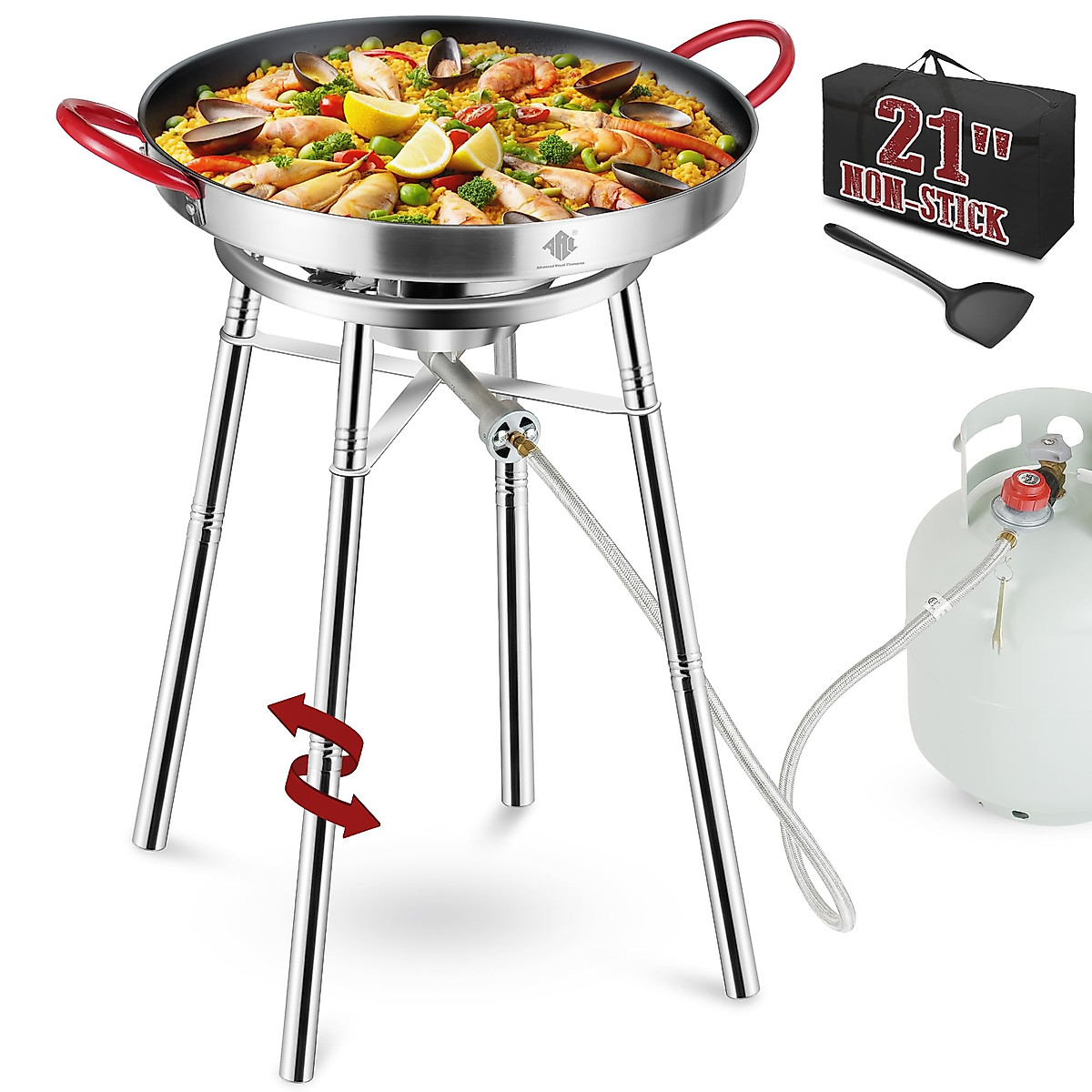 ARC Nonstick Paella Pan, Stainless Steel Paella Burner and Stand Set, Paella Pan Set with Propane Burner Head, Carry Bag, Wok Spatula, Foldable Brackets Perfect for Stockpot, Wok (21 in - 16 Servings)