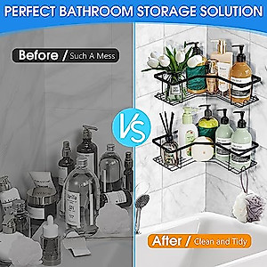 Corner Shower Caddy, 5 Pack Adhesive Organizer Stainless Steel Bathroom Shelves with Holder & 14 Hooks No Drilling Wall Mounted Storage Rack Shelf for Inside Shower, Black
