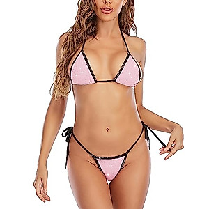 BRUOR Women Sexy Brazilian Sequin String Triangle Thong Bikini Bathing Suits Swimsuits Trikini Sparkle Rhinestone 2Pcs Pink