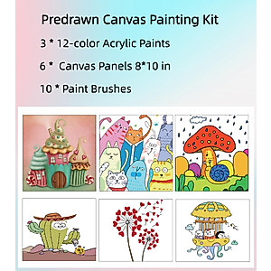 Aosemili Kids Predrawn Canvas for Painting - 6 Packs 8x10 in Painting Canvas Panels Acrylic Paint Set with 12 Paints 10 Brushes for Girls Boys and Beginners
